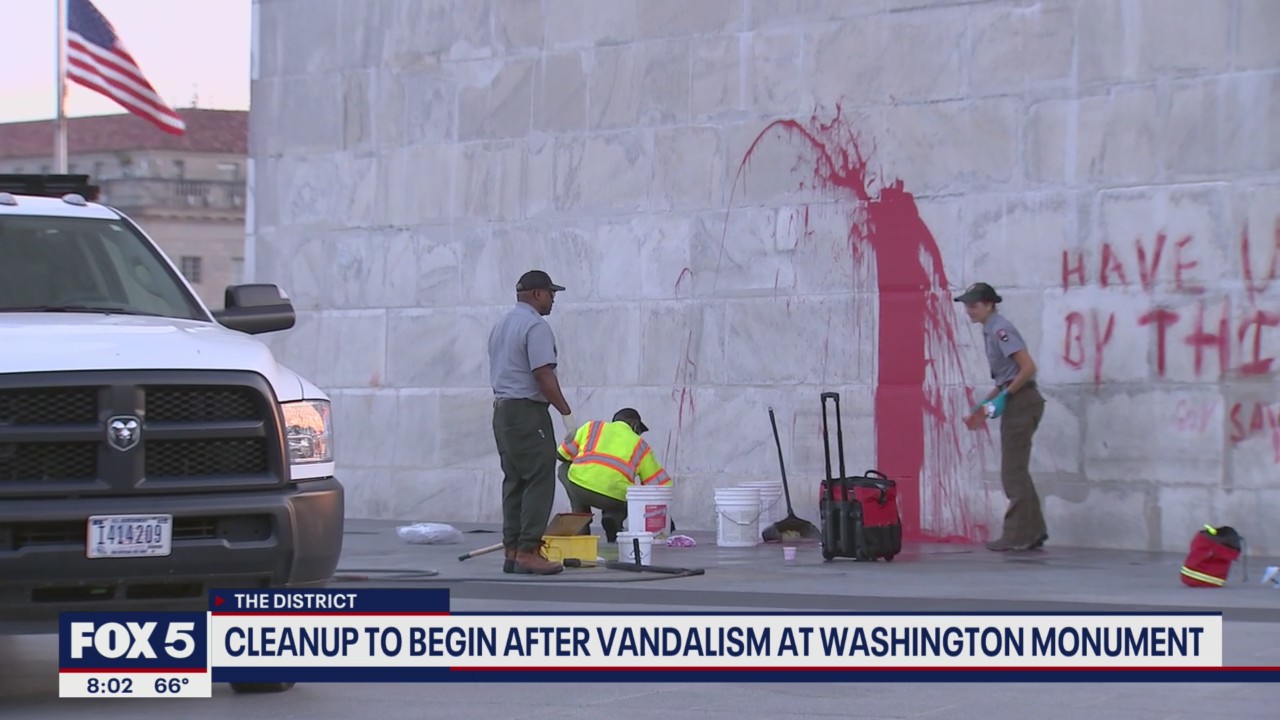 Cleanup begins after Washington Monument vandalized with red paint ...